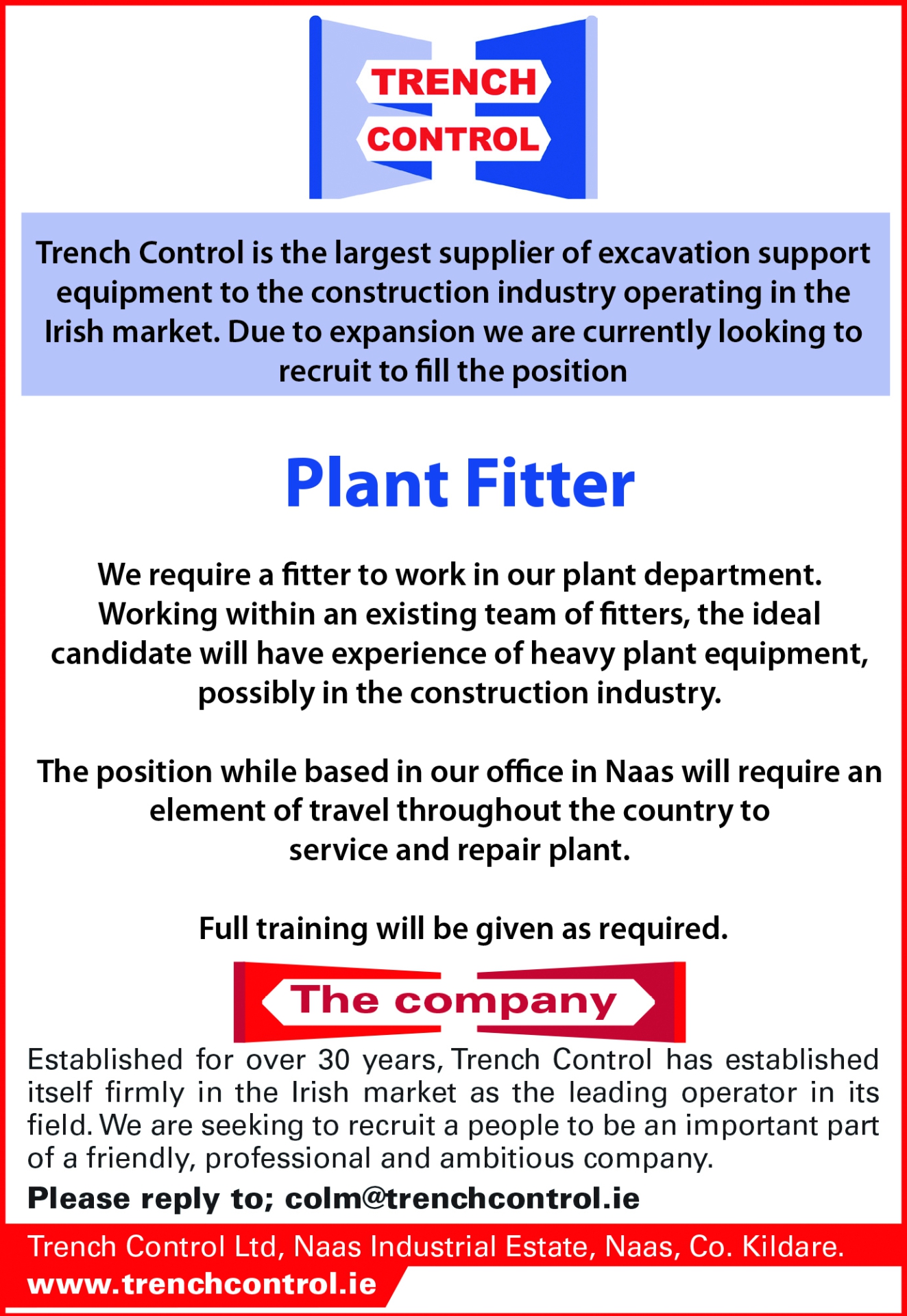 KILDARE JOBS ALERT: Plant fitter vacancy at Trench Control - Kildare Live