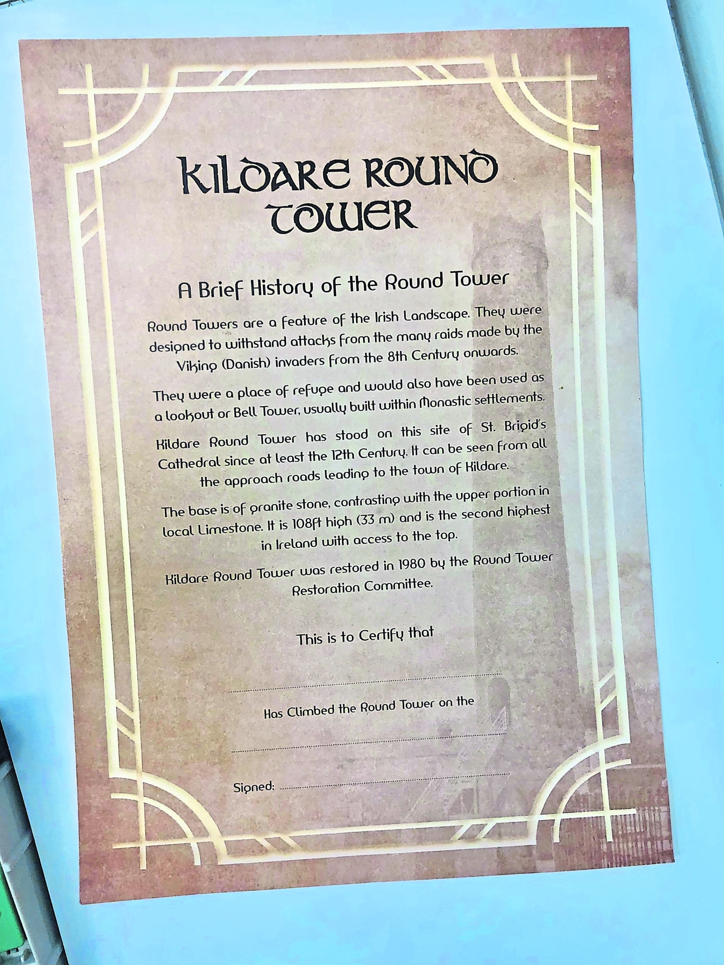 Kildare Round Tower climbers now get certificate to mark achievement ...